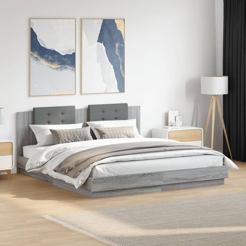 Bed Frame with LED without Mattress Grey Sonoma 160x200 cm – Bargainia.com