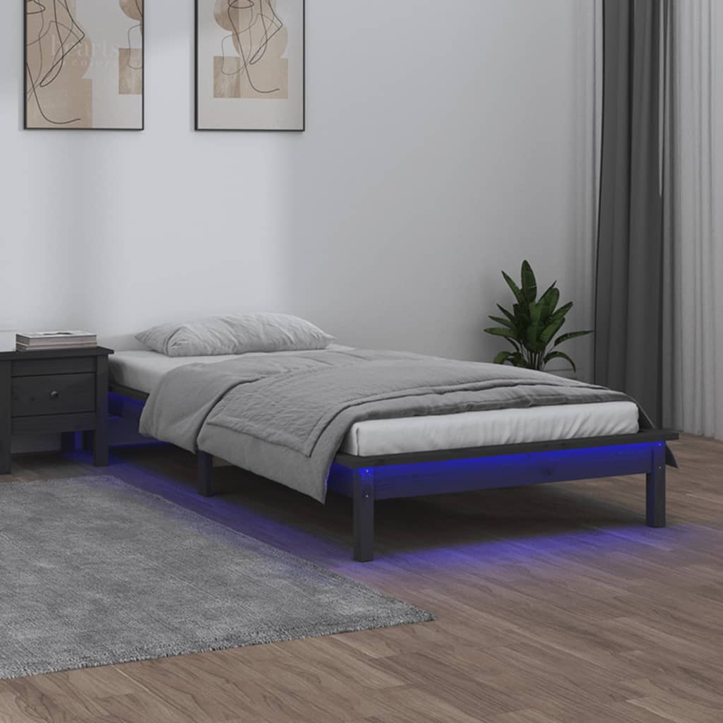 LED Bed Frame without Mattress Grey 75x190 cm Small Single Solid Wood ...